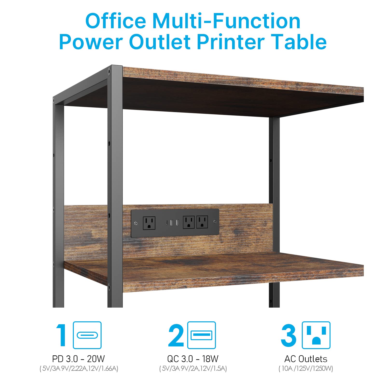 CCCEI Black Computer Tower and Printer Stand with Charging Station, 3 Outlets and Fast Charging USB Ports, 3 Tier Movable Storage Shelf, Tall PC Case or Scanner Table 39 Inches High for Small Office.