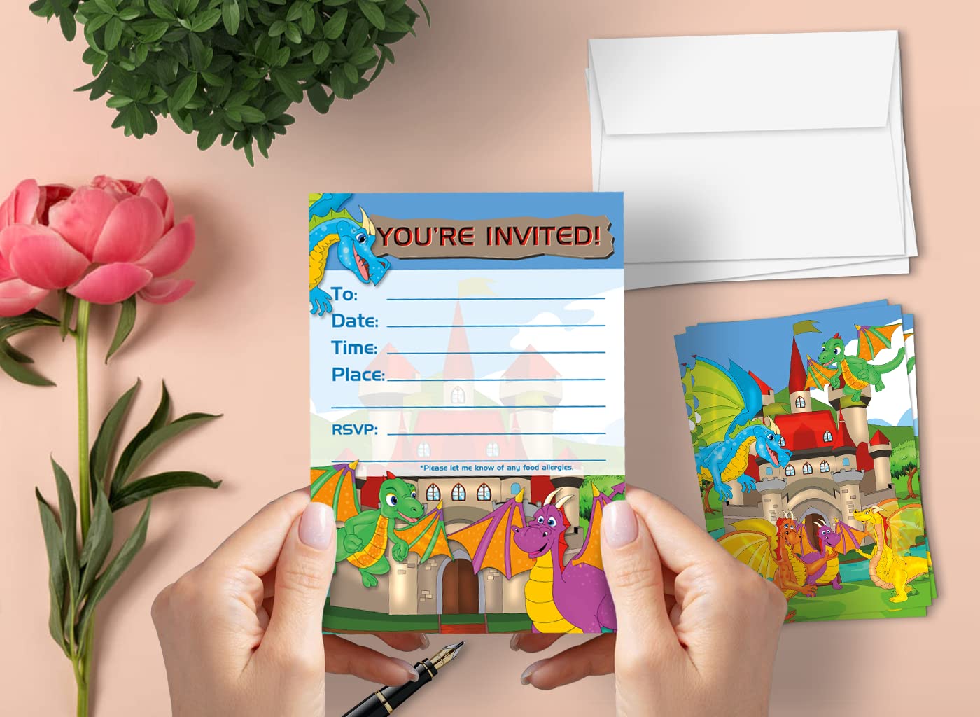 Leigha Marina Dragons Party Invitation Cards for Kids, 20 Invites & 20 Envelopes - Fill in the Blank Greeting Notes - Multi-Use, Birthday, Themed Celebration