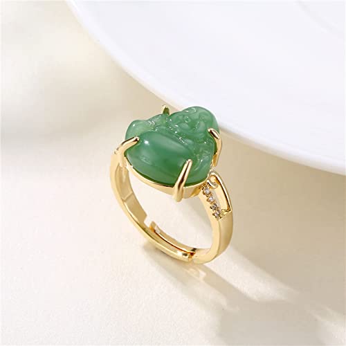 COLORFUL BLING 18k Gold Plated Laughing Buddha Ring Green Jade Cubic Zirconia Gemstone Open Cuff Adjustable Lucky Amulet Jewelry for Women Men-Green Ring