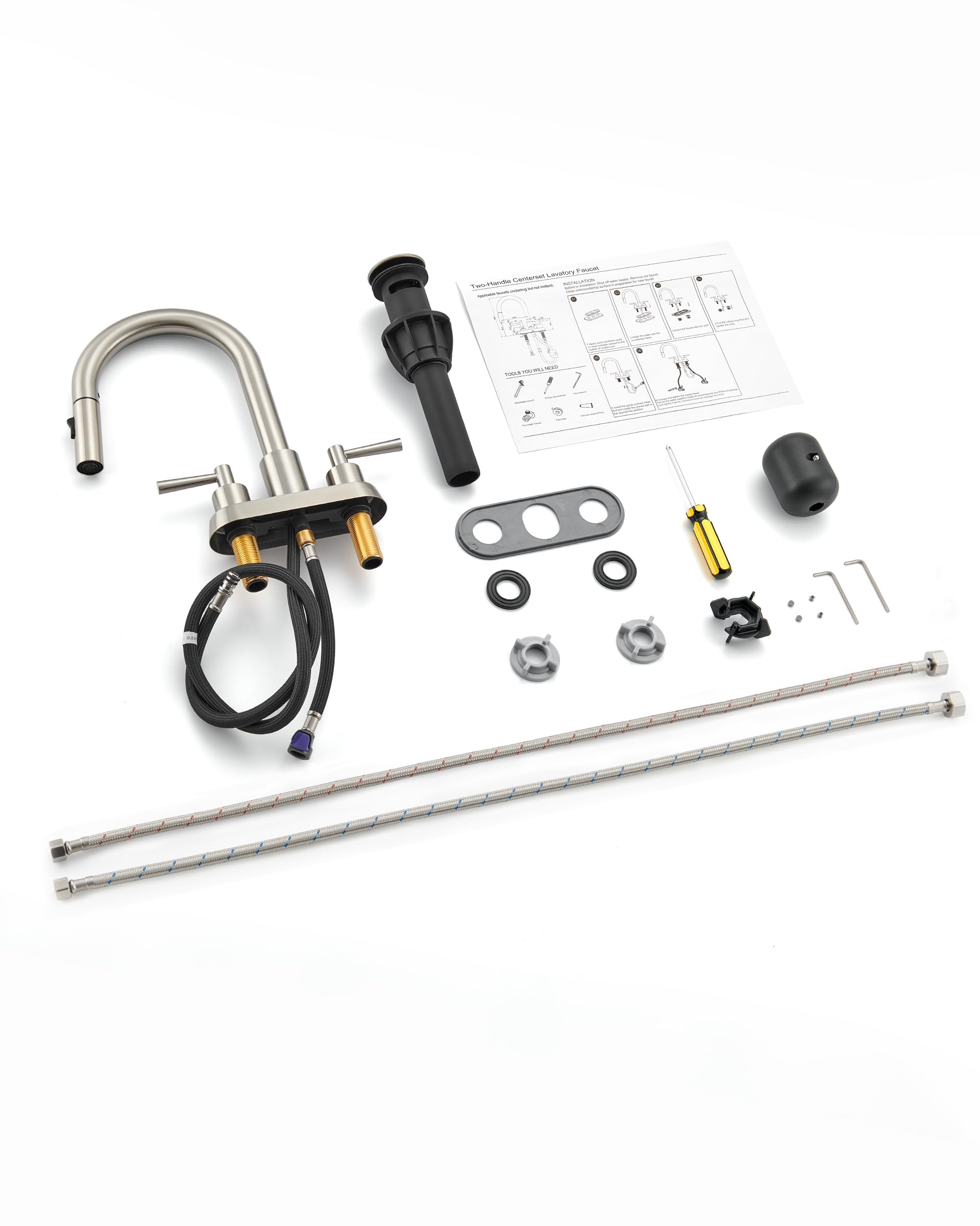 FELIXBATH Bathroom Sink Faucet with Pull Out Sprayer 2 Handles, Brushed Nickel Pull Down Bathroom Faucet 3 Holes, 4 Inch Sink Faucet Bathroom, 360 Degree Swivel Spout, Pop Up Drain Assembly Included