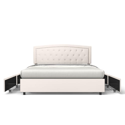 BONSOIR King Size Storage Bed Frame Upholstered Low Profile Traditional Platform with Tufted and Nail Headboard/No Box Spring Needed/4 Pull Out Drawers/ (Sand, King Size) (Cream, King Size)