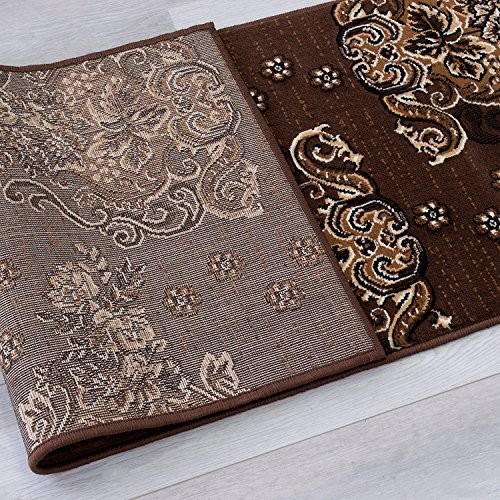 CHAMPION RUGS Floral Abstract Modern Contemporary Flower Pattern Design Area Rug Chocolate Brown Black Gold and Beige (2 Feet X 7 Feet Runner)