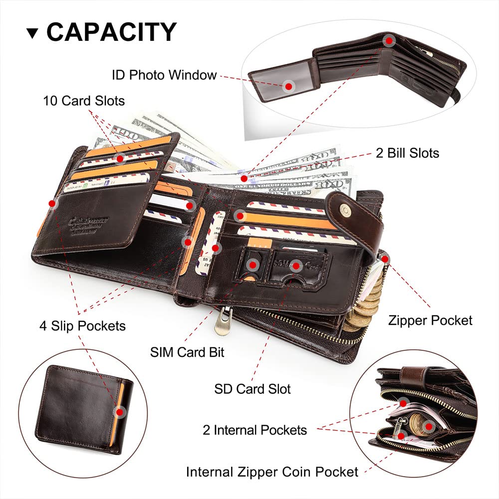 Contacts Mens Bifold Wallet Leather, Minimalist Leather Card Purse for Men Coin Zipper Pocket RFID Blocking Trifold Wallet with ID Window