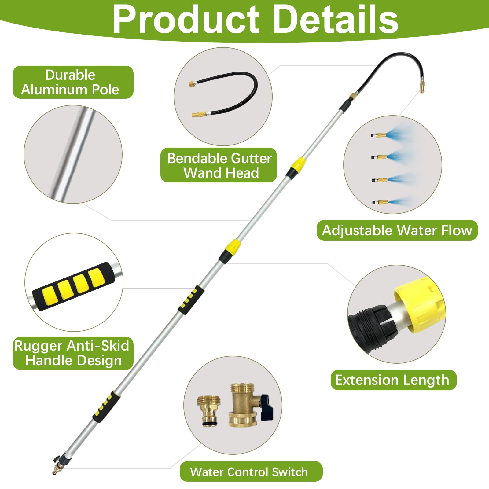 Buyplus 16FT Telescopic Gutter Cleaning Tools from the Ground, Long Reach Gutter Cleaner Wand with Hose Attachment, Rain Gutter Cleaner Tool with Extension Pole for 2nd Story House