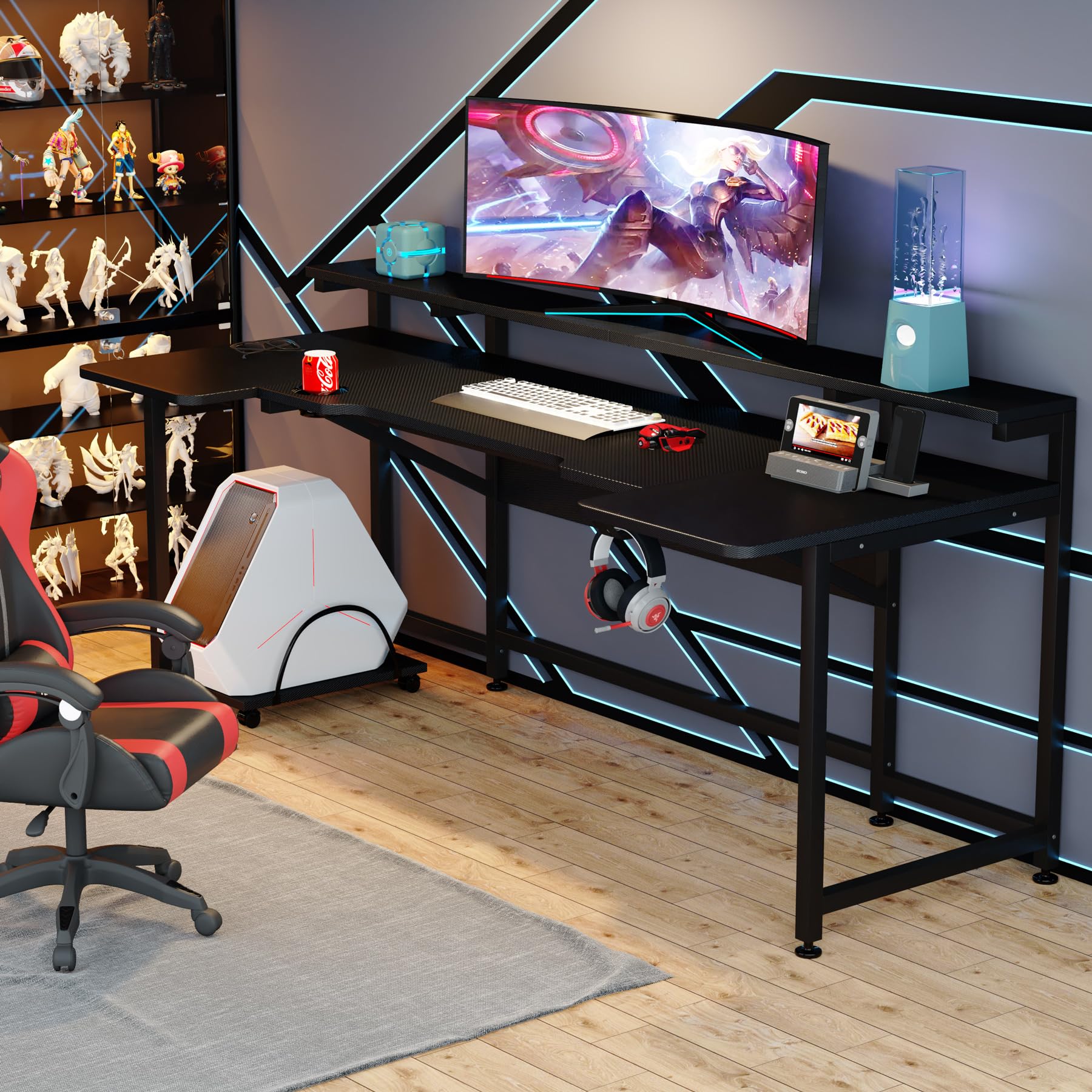 Tribesigns 74.8 Inch Gaming Desk, Extra Long U Shaped Computer Desk with Monitor Stand Shelf and CPU Stand, Black Gamer Desk for Home Office, Gaming