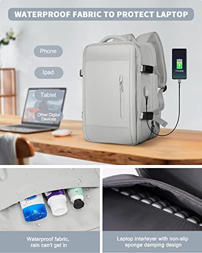 Large Travel Backpack Men,Carry On Backpack,Expandable Airline Airplane Flight Approved Weekender Backpack,Laptop Backpack,Waterproof 40l Business Travel Backpack Women,Overnight Backpack, Grey
