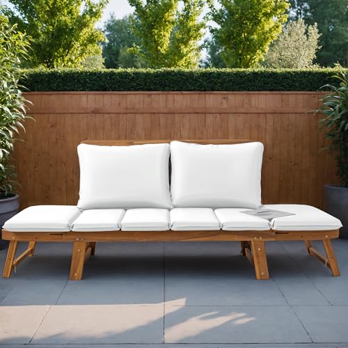 Greesum Patio Convertible Couch Sofa Bed with Adjustable Armrest, Acacia Wood Outdoor Daybed with Cushion & Pillow, Folding Chaise Lounge Bench for Porch Courtyard Poolside,White