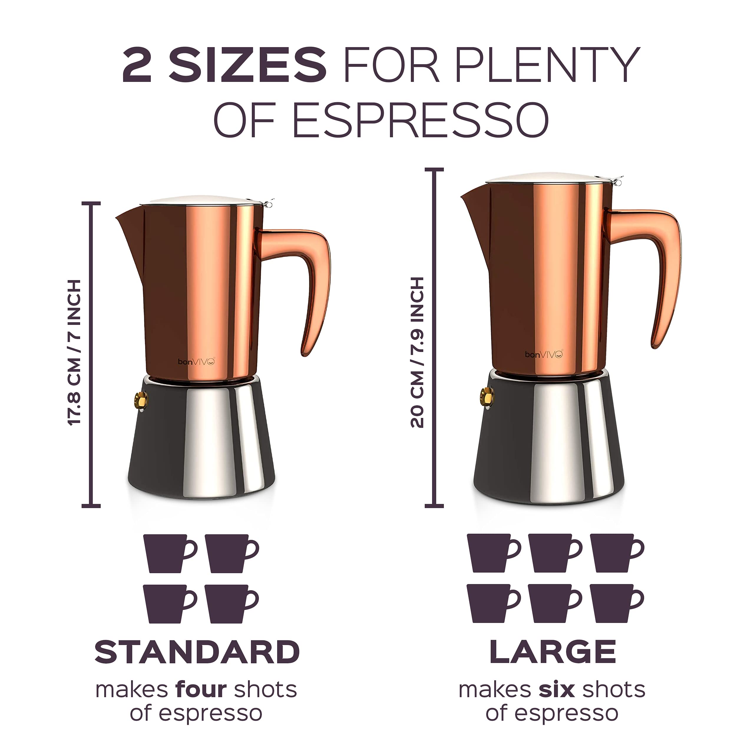 bonVIVO Intenca Stovetop Espresso Maker - Luxurious, Stainless Steel Italian Coffee Maker for Camping or Home Use - Makes 6 Cups of Full-Bodied Coffee - Copper, 10oz