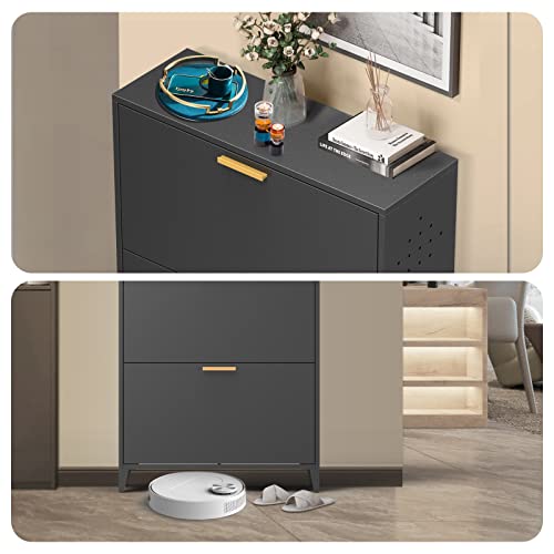 Omethey Shoe Cabinet with 3 Flip Drawers, Wall Mount & Floor Mount Shoe Organizer, All Steel Black Narrow Shoe Storage Cabinet for Entryway, Hallway and Corridor