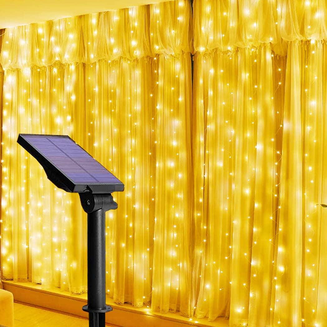 Solar String Lights Twinkle 300 LED Window Curtain String Light Solar Powered 8 Modes Fairy Lights for Wedding Party Home Garden Bedroom Outdoor Indoor Wall Decorations, Warm White