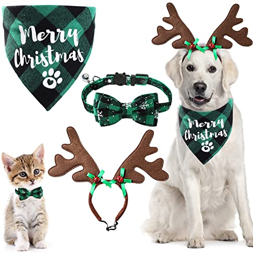 Idepet 3 PCS Christmas Dog Bandanna Bow Tie Collar with Reindeer Headband Costume Xmas Pet Plaid Triangle Bibs Scarf Kitten Adjustable Bow Tie for Cats and Dogs Puppy Christmas Decoration (Green)