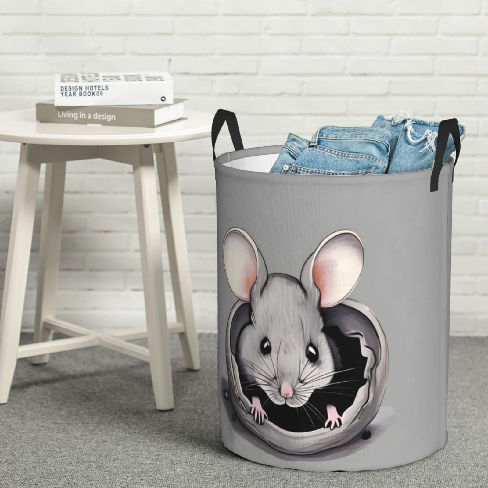 Grey rat Round laundry basket, waterproof large laundry basket, with a handle, used to store blankets, toys, dirty clothes