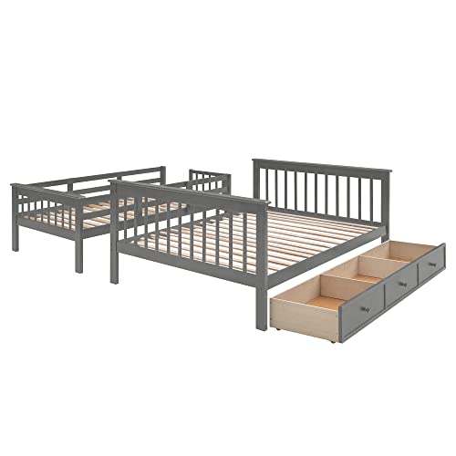LZ LEISURE ZONE Twin Over Full Bunk Bed with Drawers, Solid Wood Bunk Bed Frame with Stairway, Storage & Guard Rail for Bedroom Dorm, Gray