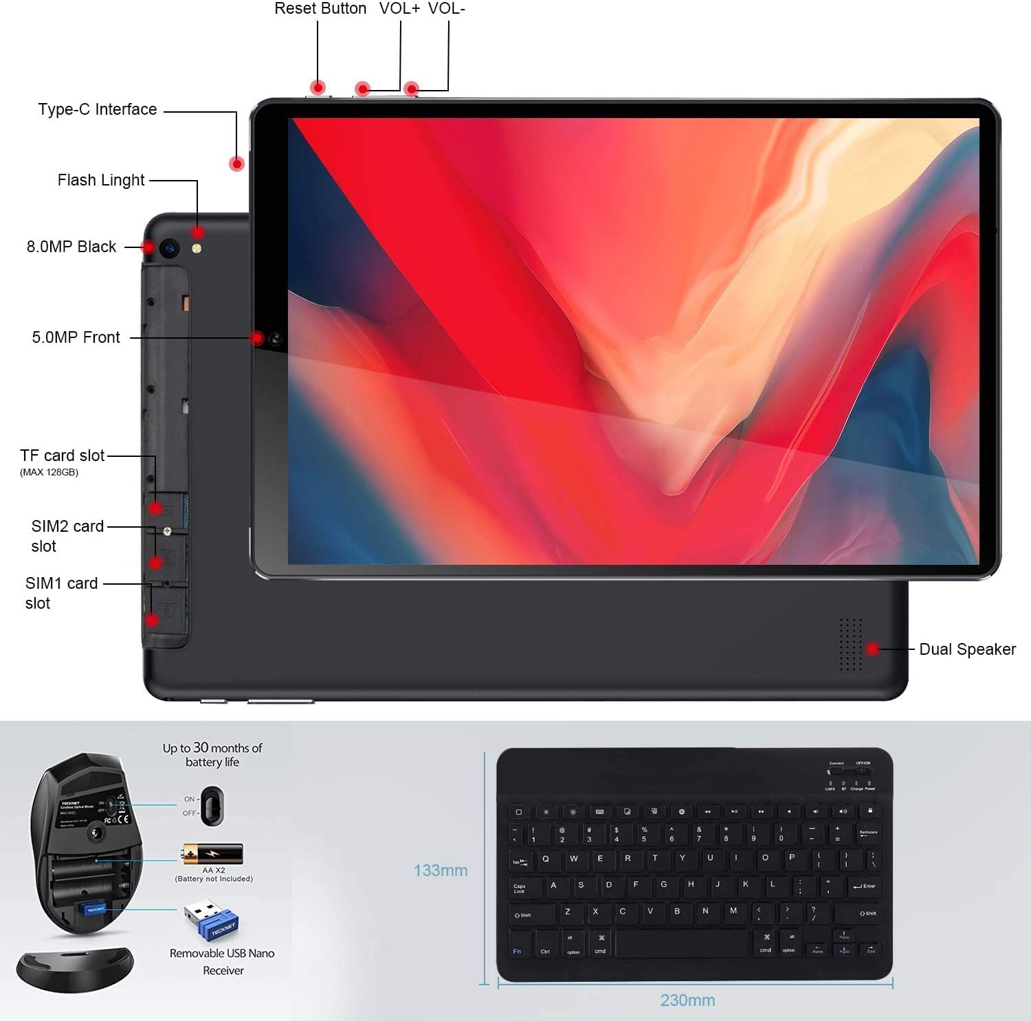 DUODUOGO 2 in 1 Tablets, Android 9.0 Tablet PC with Wireless Keyboard Case, 4GB RAM 64GB ROM/128GB Computer Tablets, Quad Core, HD/IPS, 8000mAh, 13MP Dual Camera, Dual 4G SIM, WiFi