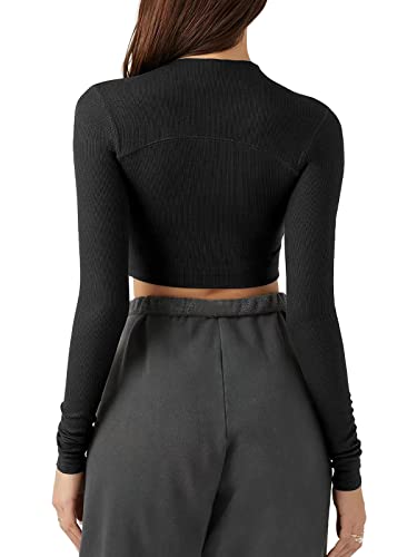 LASLULU Womens Cropped Long Sleeve Athletic Shirts Crop Tops Seamless Slim Fit Workout Yoga Sports Tops Pullover Outwear(Black Large)