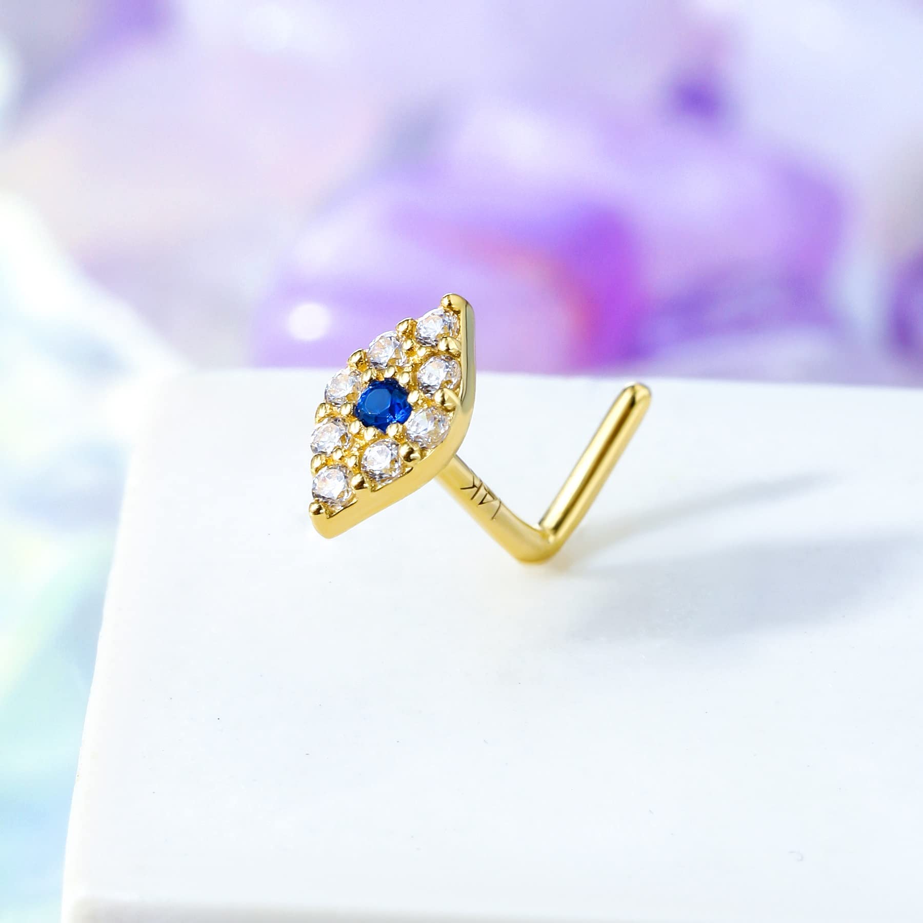 CM Crareesi Mania 14K Gold Nose Ring 20Gauge EviL Eye Nose Studs 14k Solid Gold Nose Stud L Shaped Nose Rings Nose Piercing Jewelry