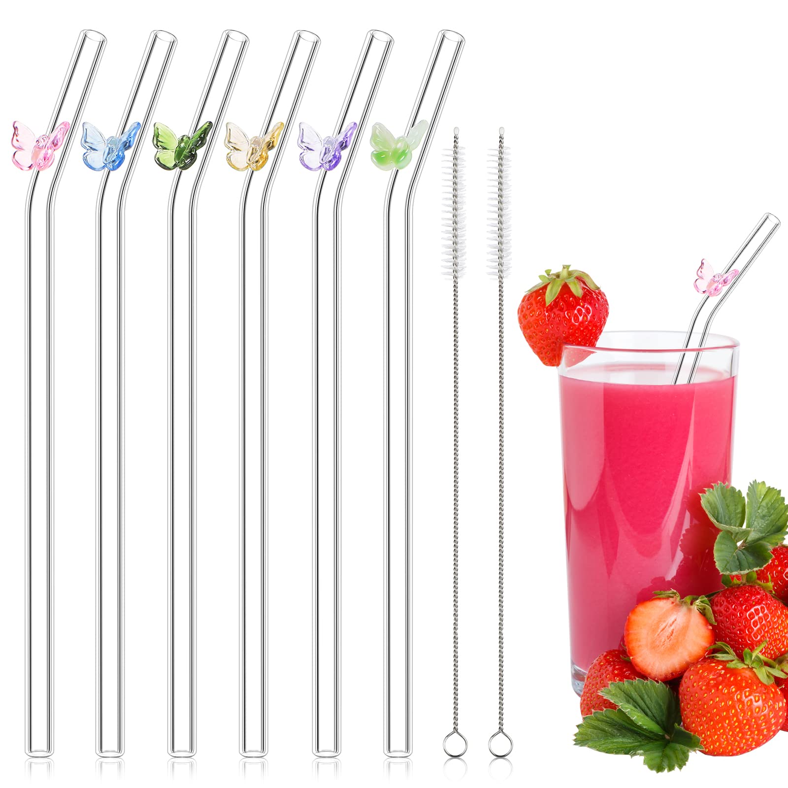 eBoot 6 Pcs Reusable Glass Straws Bent with Design, 8 mm x 7.9 in Colorful Clear Straws Glass with Cleaning Brush for Smoothie Cocktail Juice Shakes Beverages (Bright Colors, Butterfly)