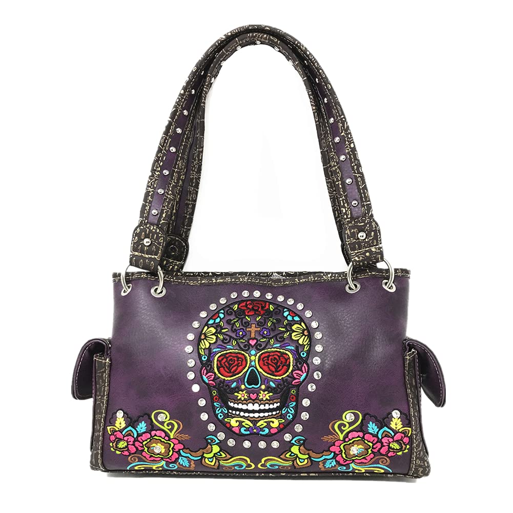Western Women's Artistic Flora Embroidery Skull Handbag in 3 Colors G939SUK-D (Purple)