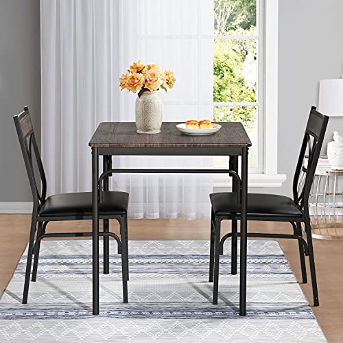 VECELO 3-Piece Kitchen Room Chairs Set for Home, Dinette, Breakfast Nook, Farmhouse, Small Space, Dining Table for 2, Dark Brown