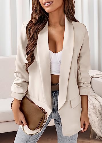 KIRUNDO Womens Fall Fashion 2023 Casual Blazers Long Sleeve Open Front Work Suit Office Blazer Jackets with Pockets(Beige White, Medium)