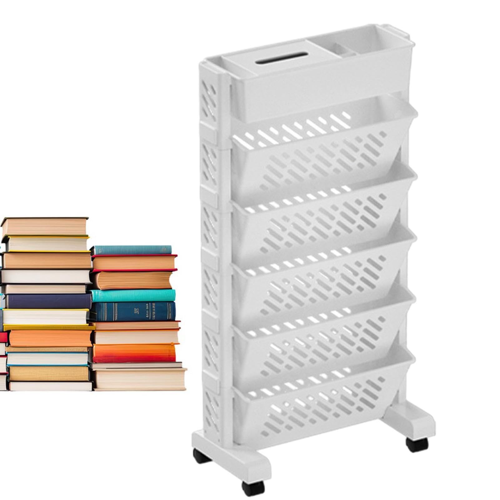 Bookshelf with Wheels, 6 Tier Movable Bookcase Organizer, Rolling Bookcase Organizer, Space Saving Mobile Bookshelf, Multiple Storage Wheeled Shelf, Mobile Book Storage Unit for School Classroom Home