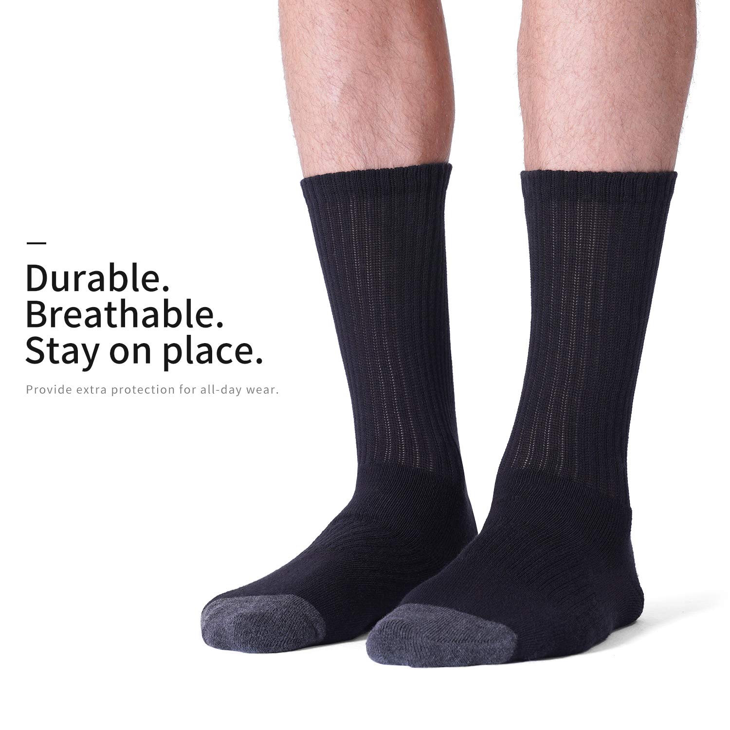 CelerSport 6 Pack Men's Athletic Crew Socks, Work Boot Socks with Full Cushion, Black, Shoe Size: 7-9