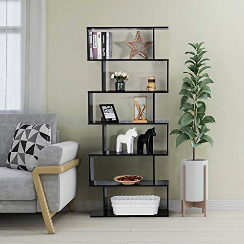 SILKYDRY 6 Tiered Geometric Bookcase, Unique S-Shaped Bookshelf, Tall Standing Room Divider Bookcases, Versatile Decorative Display Shelf for Bedroom Living Room Home Office (1, Black)