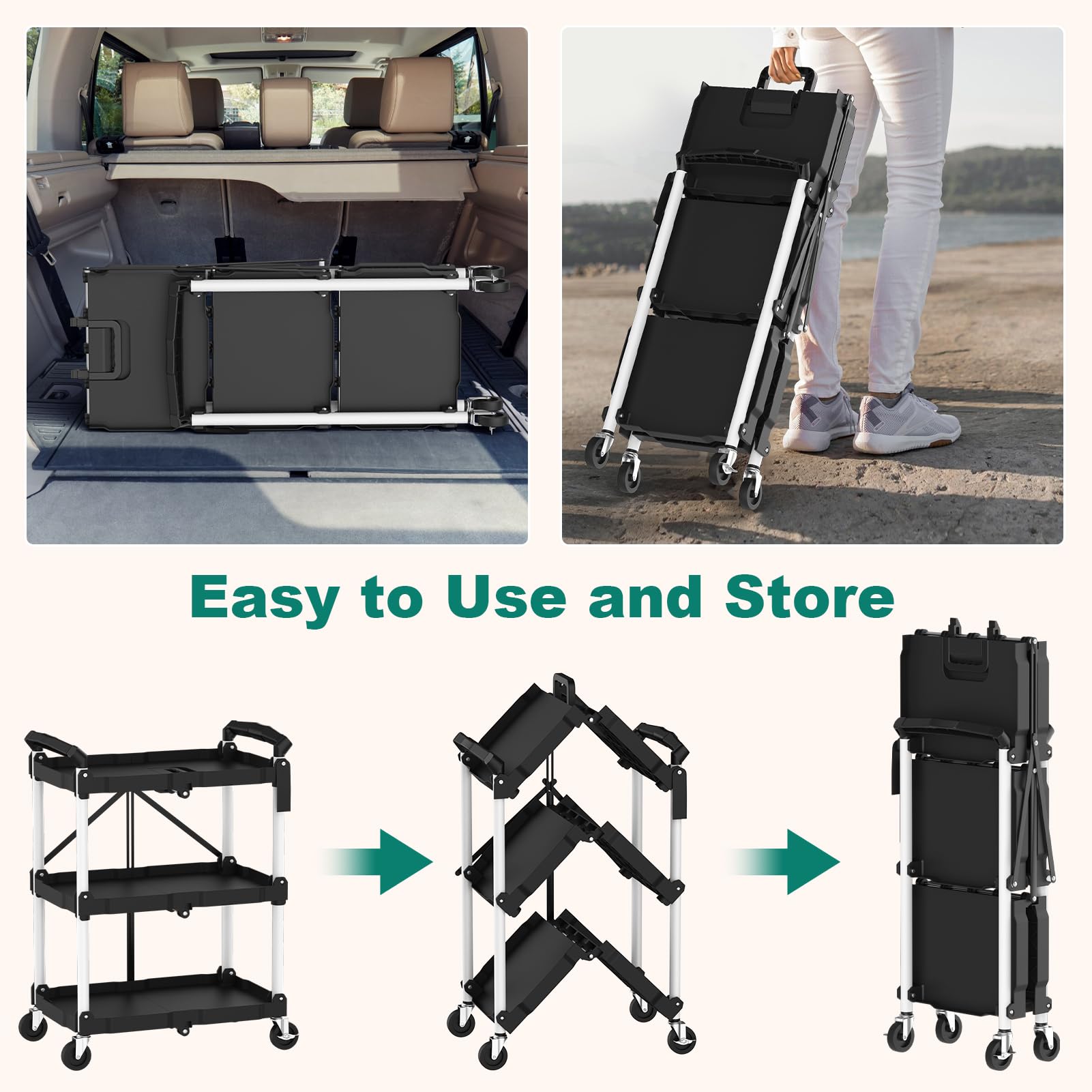 Gornoxblif Foldable Utility Service Cart, 3 Shelf 350LBS Heavy Duty Rolling Cart with Wheels, Portable Folding Tool Cart for Garages Warehouse Office Home (Black)