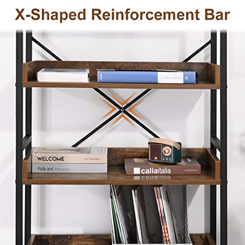RokiaTek Bookshelf Bookcase 6-Tier Storage Rack with Open Shelves, Vintage Standing Bookshelves Metal Frame Industrial Display Rack for Living Room Bedroom, Rustic Brown and Matte Black