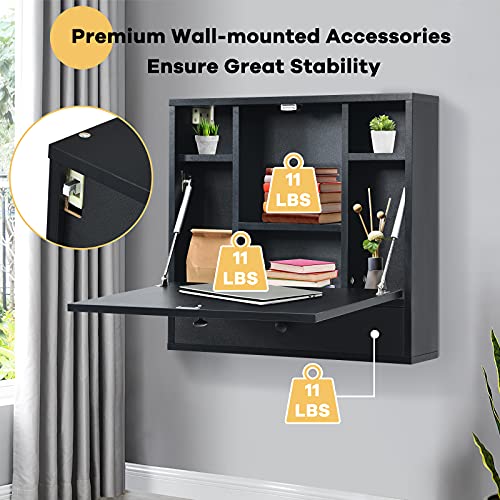 IFANNY Wall Mounted Desk, Wall Computer Desk w/Storage Drawer & Shelves, Compact Floating Desk for Wall, Space Saving Wall Desk Fold Down, Wall Desks for Small Spaces (Black)