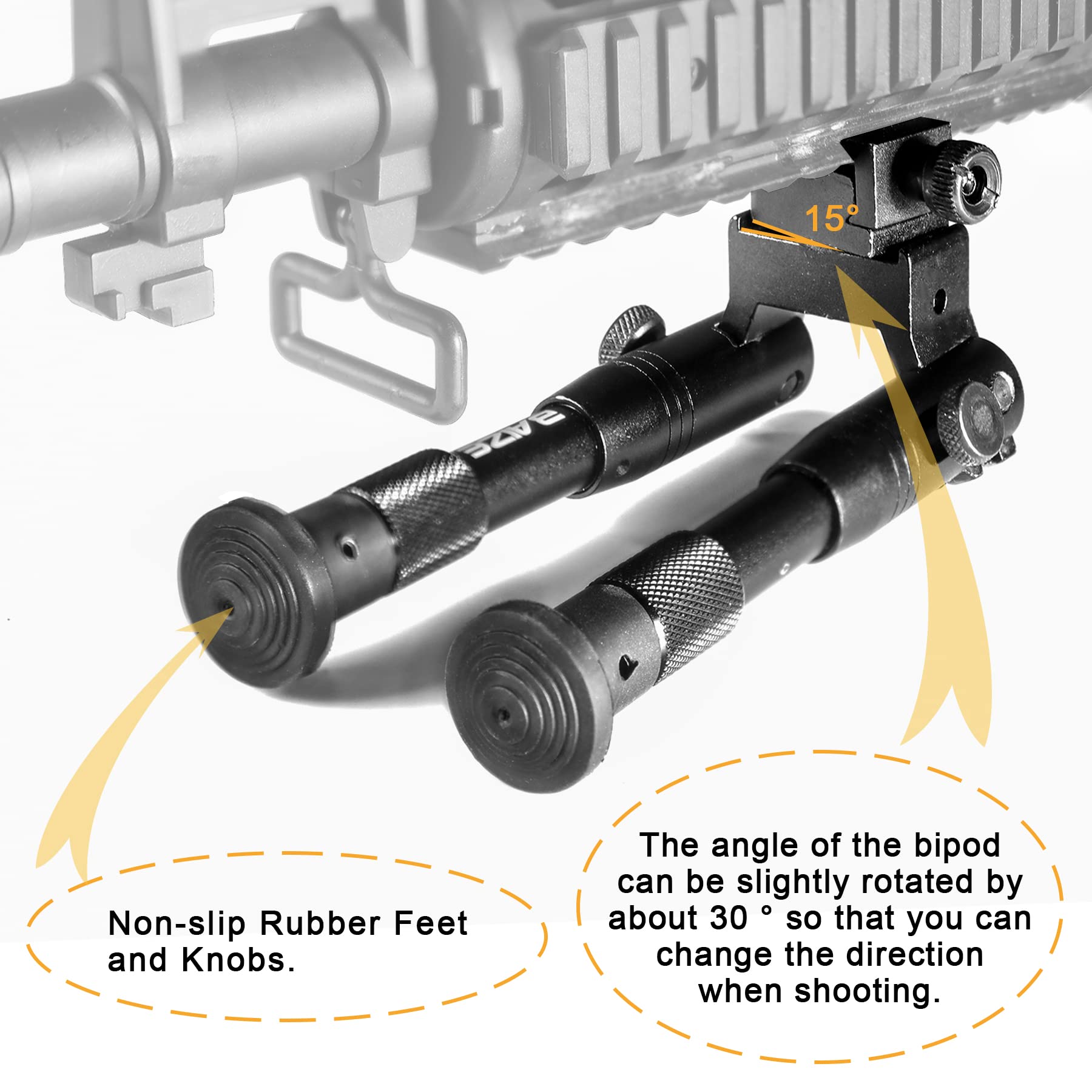 BZTAC Foldable Picatinny Rail Rifle Bipod with Sling Swivel Stud Adaptor, Adjustable Height 6.2-6.7 Inches Shooting Rest Stick with 2 Pcs Sling Swivel Screw Studs, Hunting Shooting Accessories