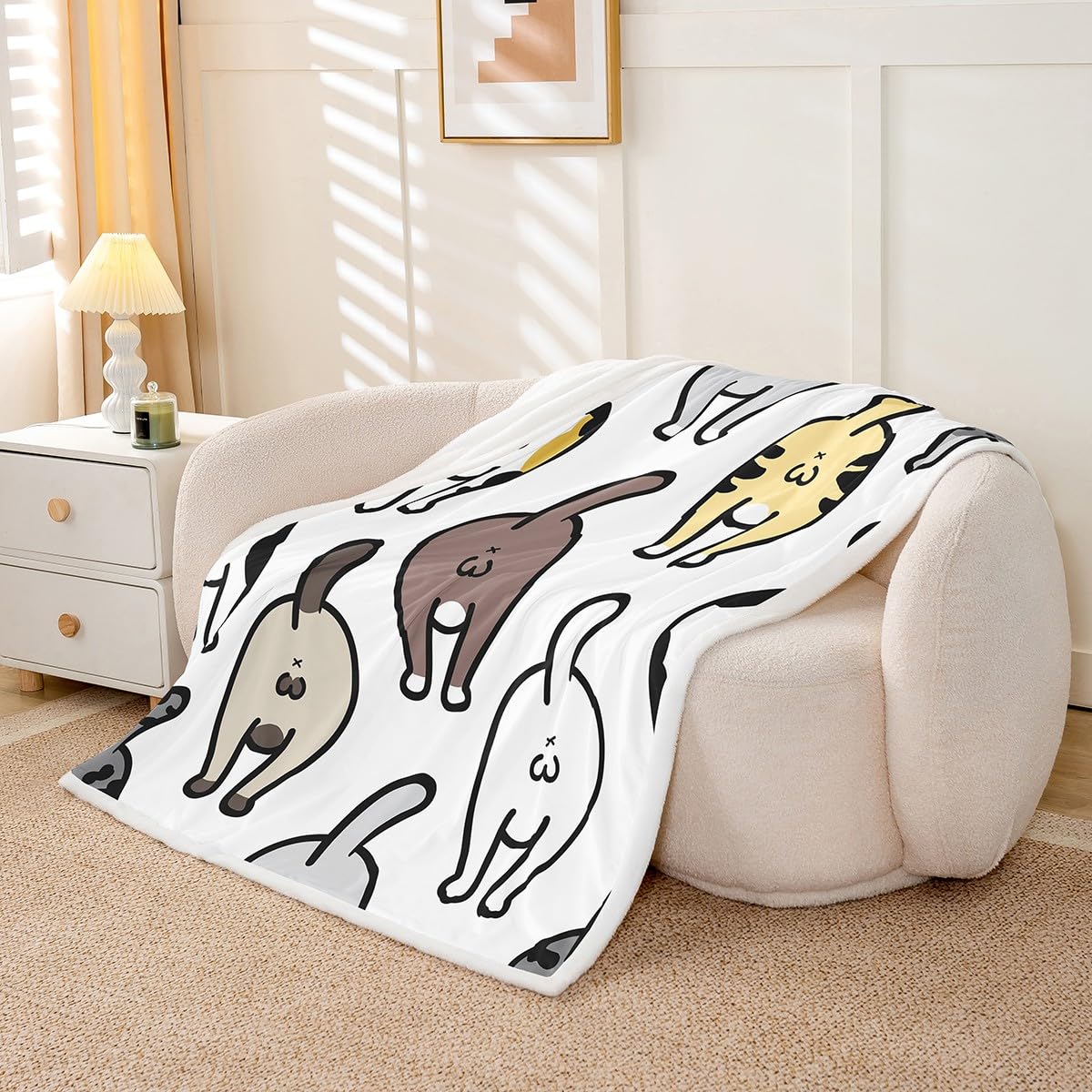 Manfei Lovely Cat Throw Blanket Cute Kitten Butt of Cat Doodle Bed Throws for Kids Boys Animal Theme Flannel Fleece Blanket for Couch Sofa Cozy Luxury Bed Blanket, Throw Size (50 x 60 Inches)