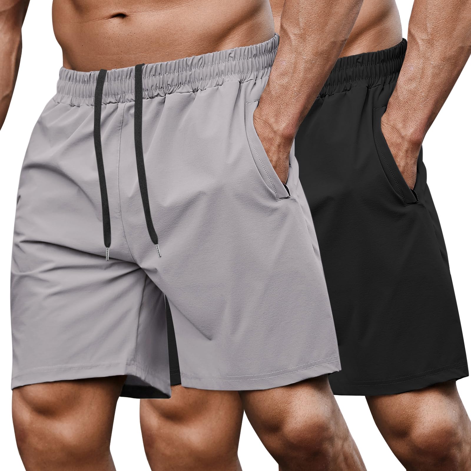 COOFANDY Mens 5 Inch Athletic Running Shorts 2 Pack Quick Dry Gym Workout Shorts Lightweight with Pockets Khaki/Light Grey, 2XL
