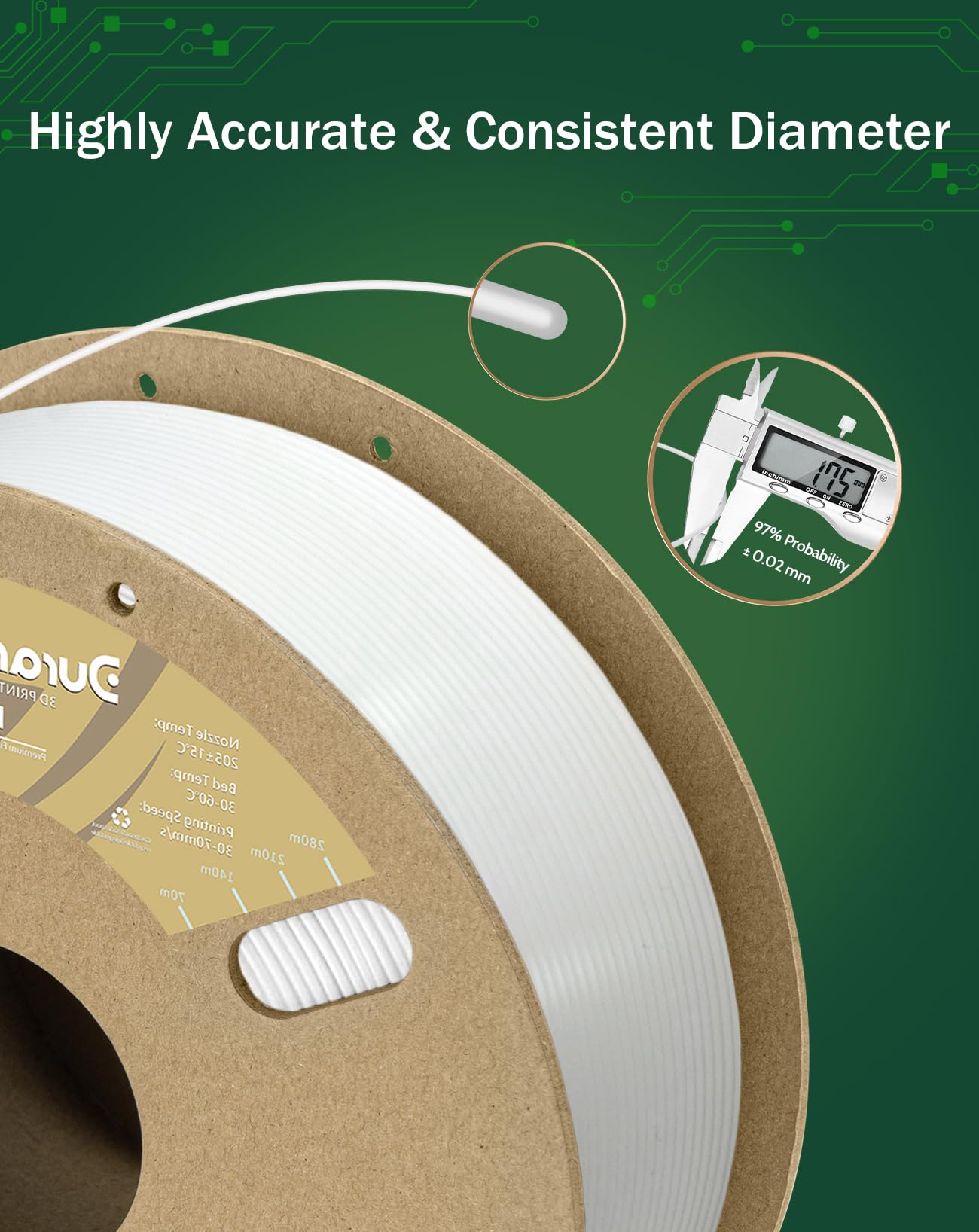 DURAMIC 3D PLA Filament 1.75mm White 1kg Spool, Jam-Free High Stifness 3D Printing Filament with Cardboard Spool, No-Tangling No-Clogging Dimensional Accuracy 99% +/- 0.03 mm