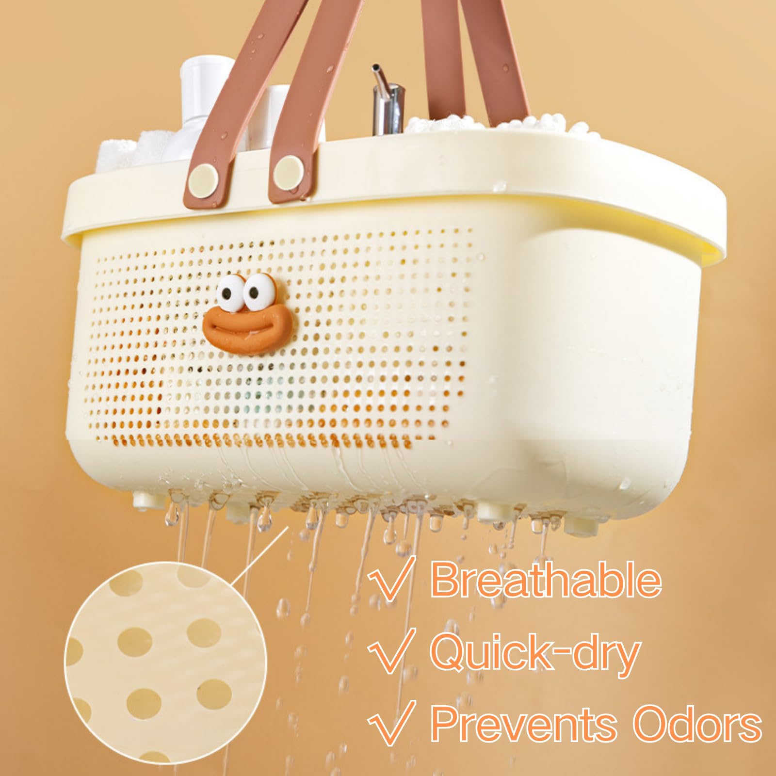 FlamingWind Large Shower Caddy Basket, Portable Plastic Storage Basket with Soft Silicone Handles for Soap and Shampoo, Shower Storage Organizer Tote for Bathroom, College Dorm (Cream)