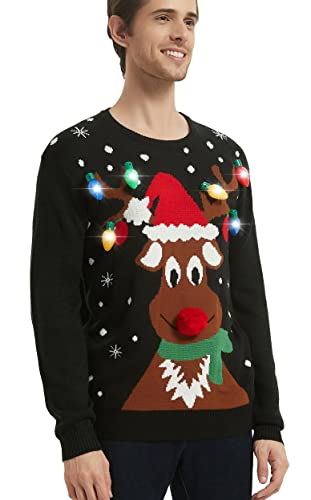 Christmas Reindeer Snowman Santa Snowflakes Ugly Holiday Knitted Sweater Cardigan Traditional Pullover (Large, Rndrnose3dLed-M10)