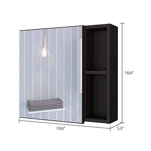 Queets Medicine Single Door Cabinet with Mirror, 2 Open Shelves, and 3 Inner Shelves, Black