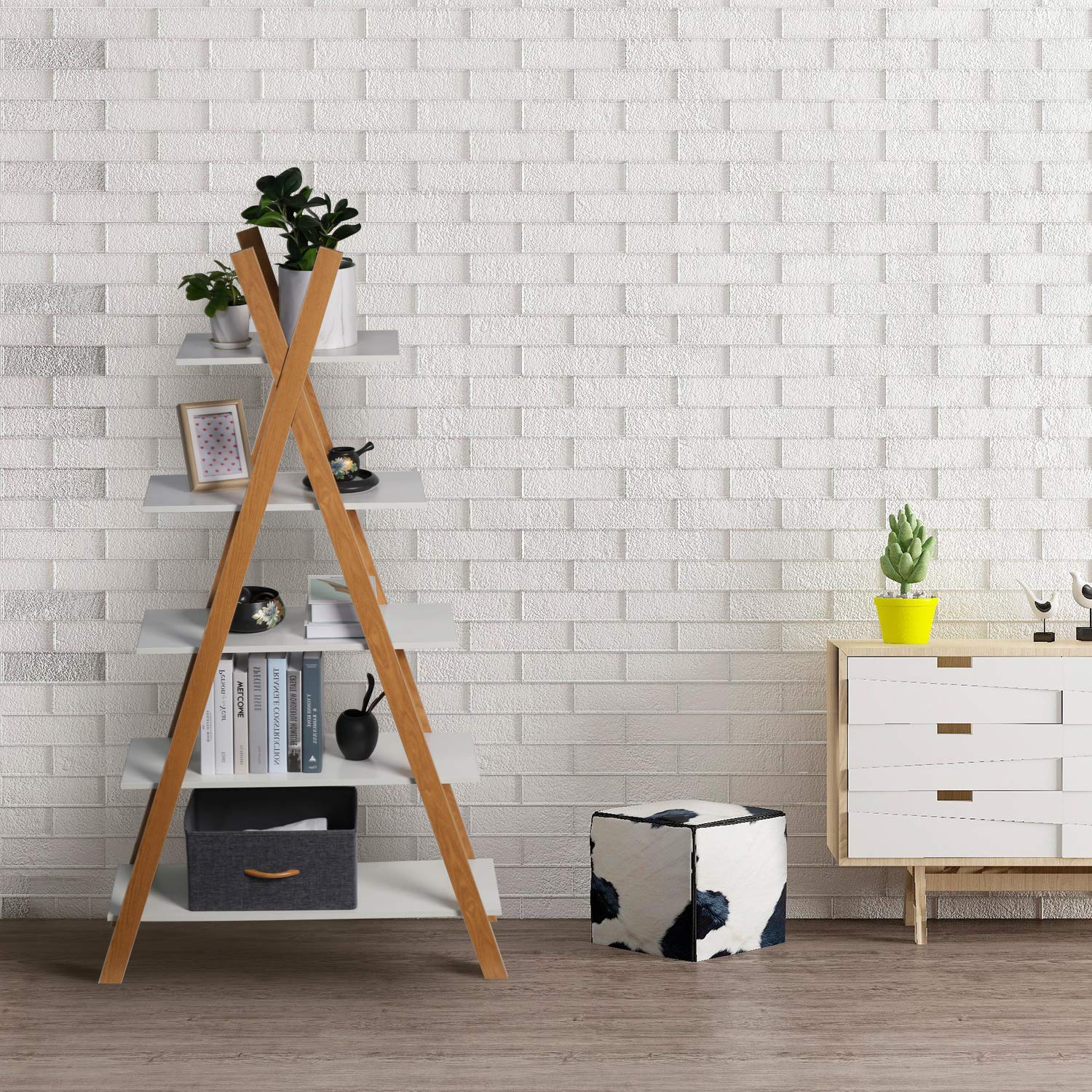 CERBIOR 5 Tier Bookshelf Storage Shelves, A Frame Bookcase, Plant Book Display Furniture for Home Office, Burlywood