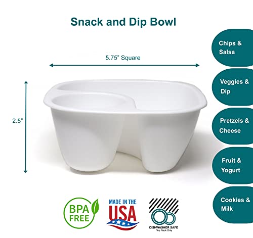 Rolling Sands Reusable Snack and Dip Bowls, 5 Pack, USA Made, Dishwasher and Microwave Safe Personal Size Plastic Divider Bowls, BPA-Free, Two Compartments to Hold Dips, Snacks and Treats