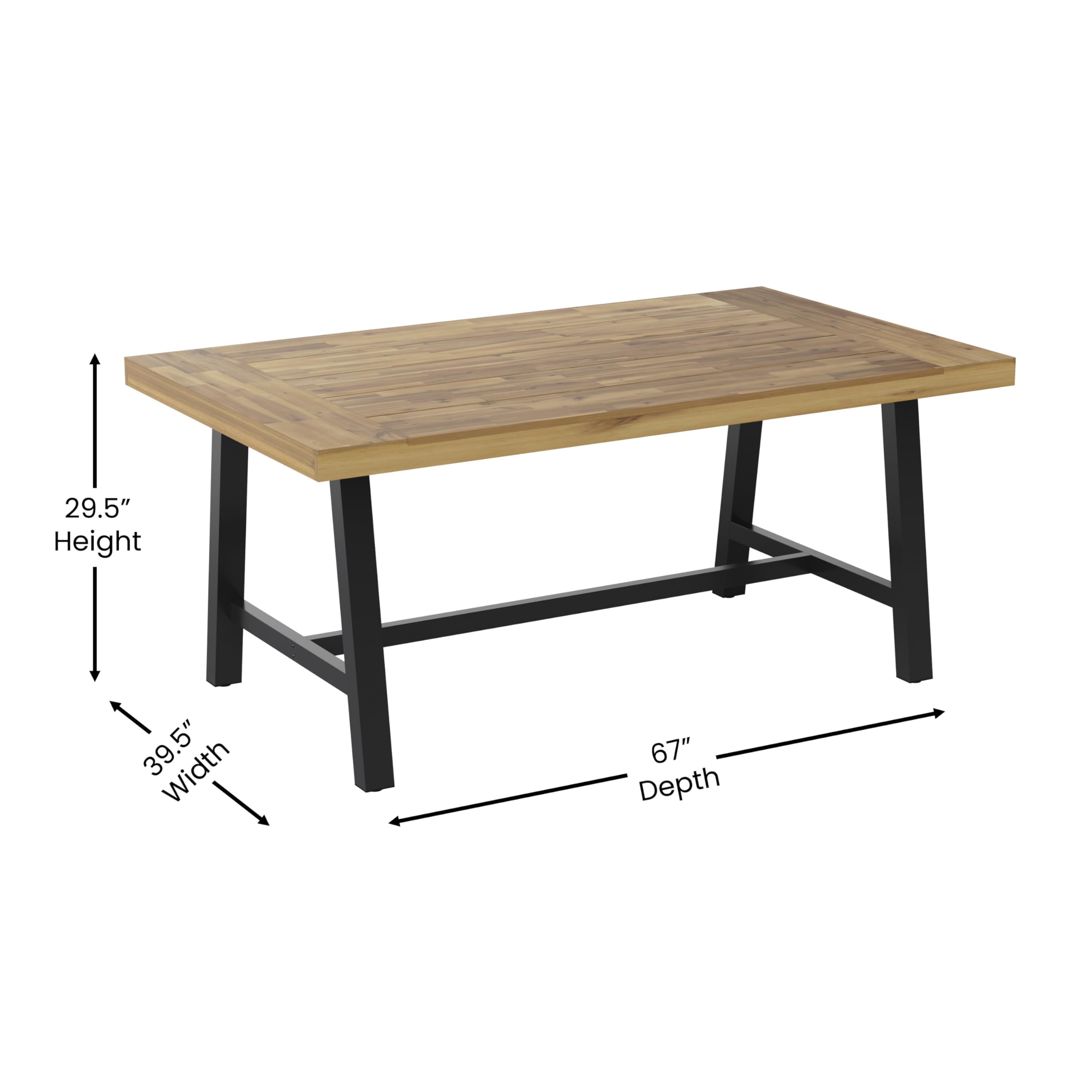 Flash Furniture Rafe Commercial Grade Acacia Wood Dining Table with Metal Base, Indoor/Outdoor Rectangle Patio Table with Plank Style Table Top, Natural/Black
