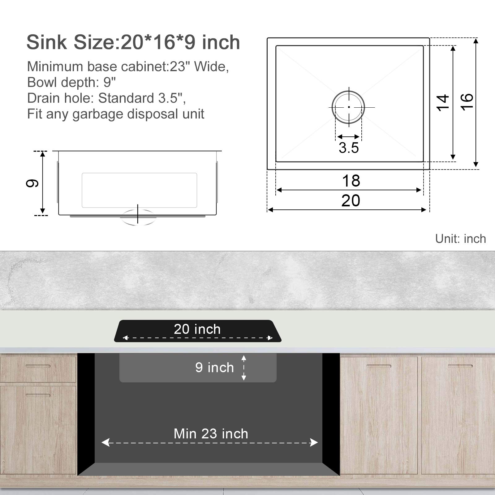 MENATT 20-inch Undermount Kitchen Sink, SUS304 Stainless Steel Handmade Single Bowl Kitchen Sink with Sink Strainer (Brushed), 20"x16"x9"