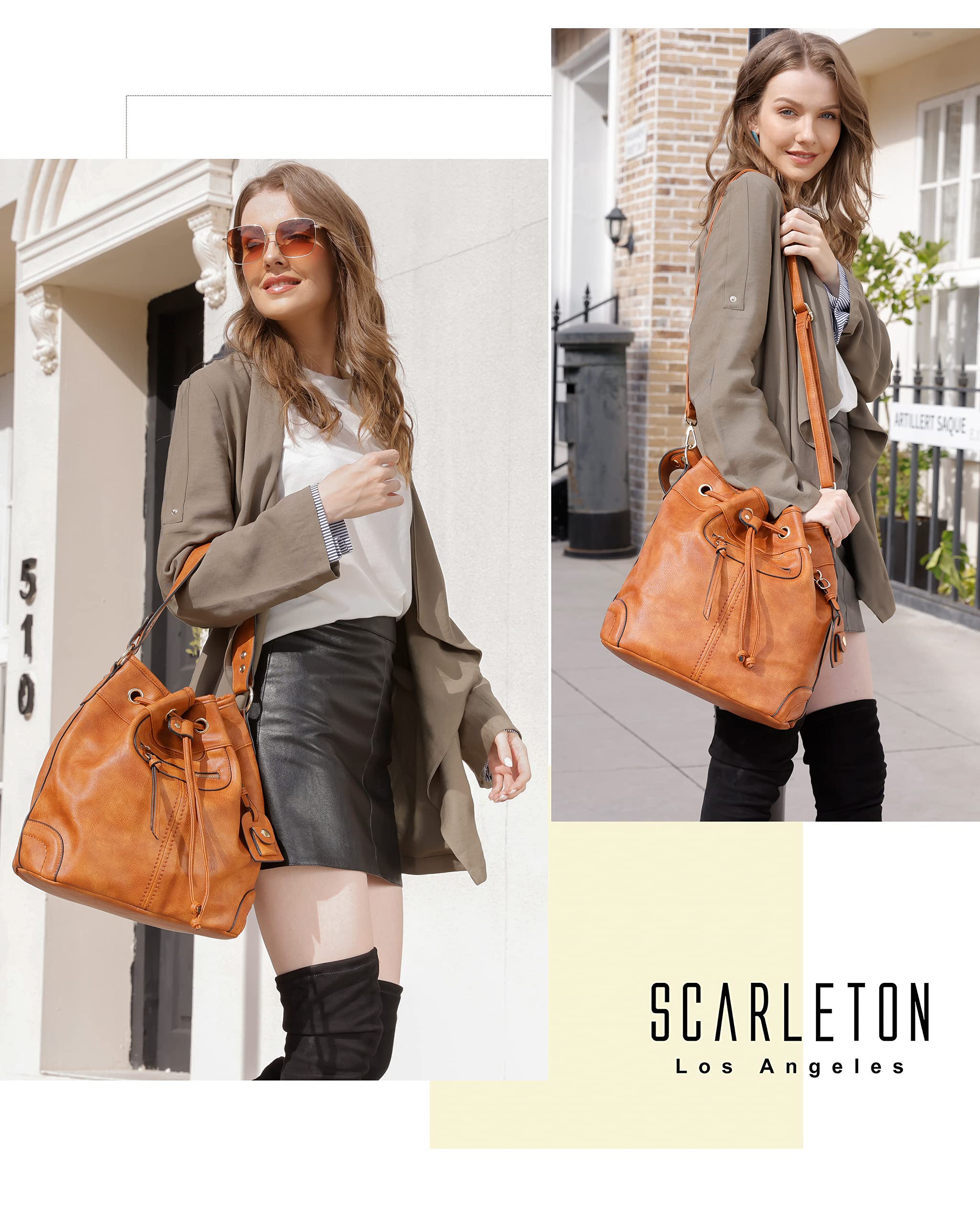 Scarleton Purses and Handbags, Drawstring Bucket Bag, Hobo Bags for Women, Crossbody Bag, Multi Pocket Shoulder Bag, H107821 - Dark Brown