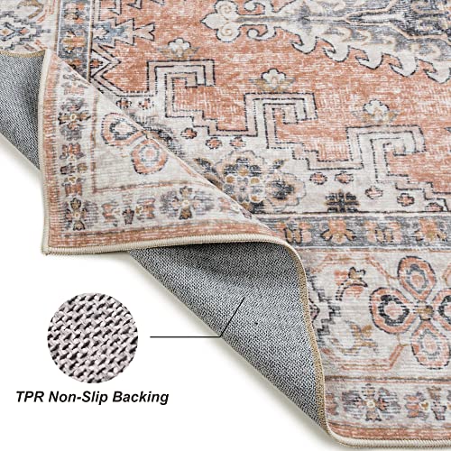Valenrug Washable Rug 5x7 - Ultra-Thin Antique Collection Area Rug, Stain Resistant Rugs for Living Room Bedroom, Distressed Persian Boho Rug(Peach/Yellowish, 5'x7')