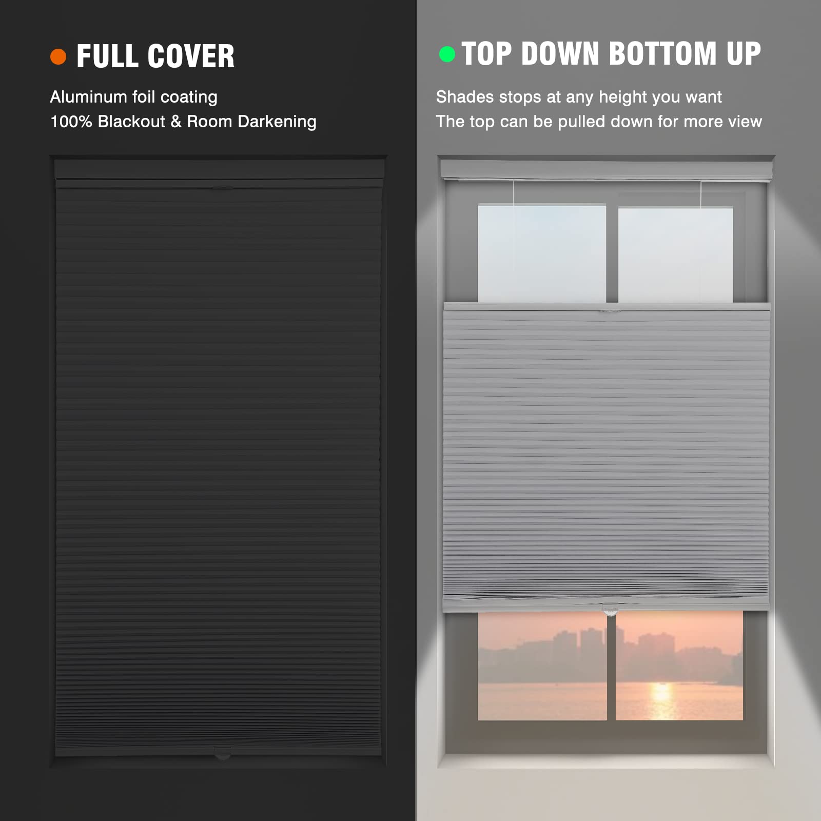 Changshade Custom Top Down Bottom Up Cellular Shades Cordless Blackout, Honeycomb Blinds Room Darkening Window Shades, 1.5" Cell Pleated for Office,Bedroom, Child, Bathroom, Easy to Install,White