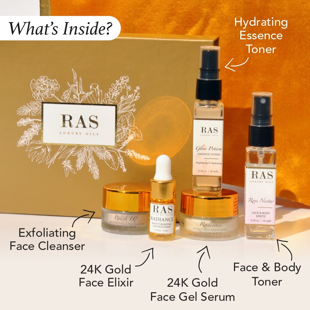 Quick Glow Kit, Hydrating Essence Toner, Exfoliating Face Cleanser, 24K Gold Face Elixir, Face Gel Serum, Face & Body Toner | Smoothens & Softens Skin, Deep Cleanser | Set of 5 - RAS LUXURY OILS