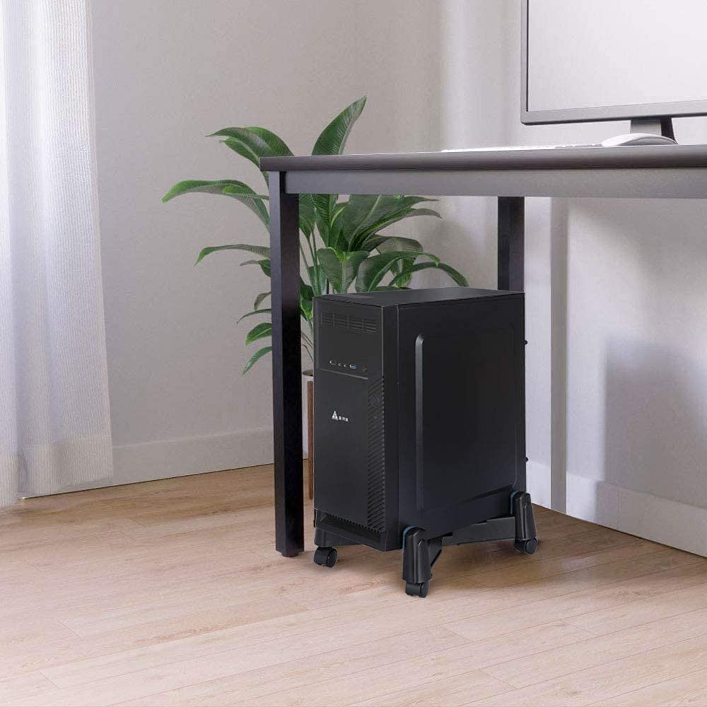 Computer Tower Stand, HUANUO CPU Holder Desktop Stand Desktop ATX-Case Mobile Cart Holder Adjustable Width with 4 Caster Wheels, Fits Most Computer Cases Under Desk, Black