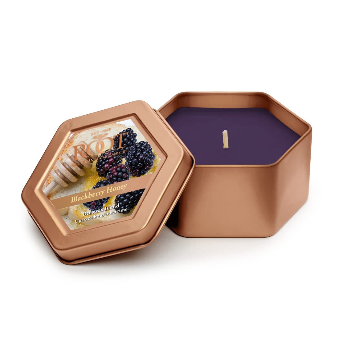 Root Candle s Legacy Honeycomb Traveler Beeswax Blend Premium Handcrafted Scented Candle, 4-Ounce, BlackBerry Honey
