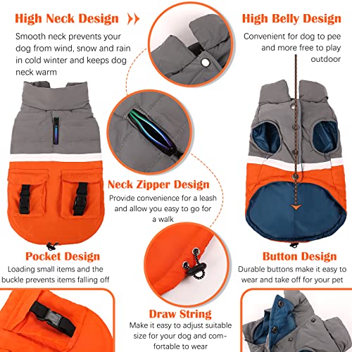 IKIPUKO Dog Winter Jacket, Reflective Dog Warm Coat Windproof Padded Doggie Coat with Pouch Dog Jacket with Harness Hole Puppy Cold Weather Coat for Small Medium Large Dogs(XS)