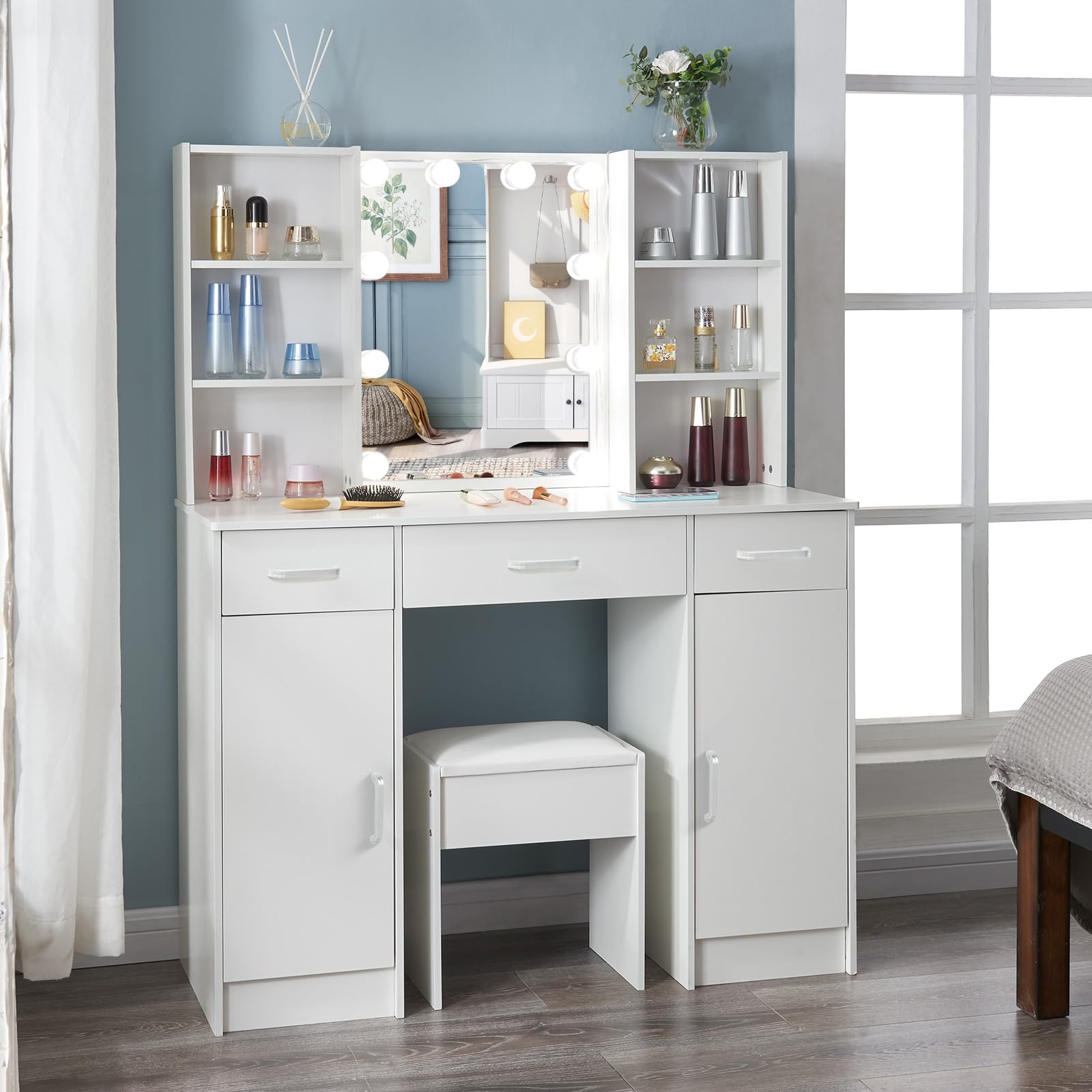 Caulitar Vanity Desk with Mirror and Lights-3 Color and Brightness Adjustable, Vanity Set with Drawers and Chair, White Makeup Vanity Table for Girls
