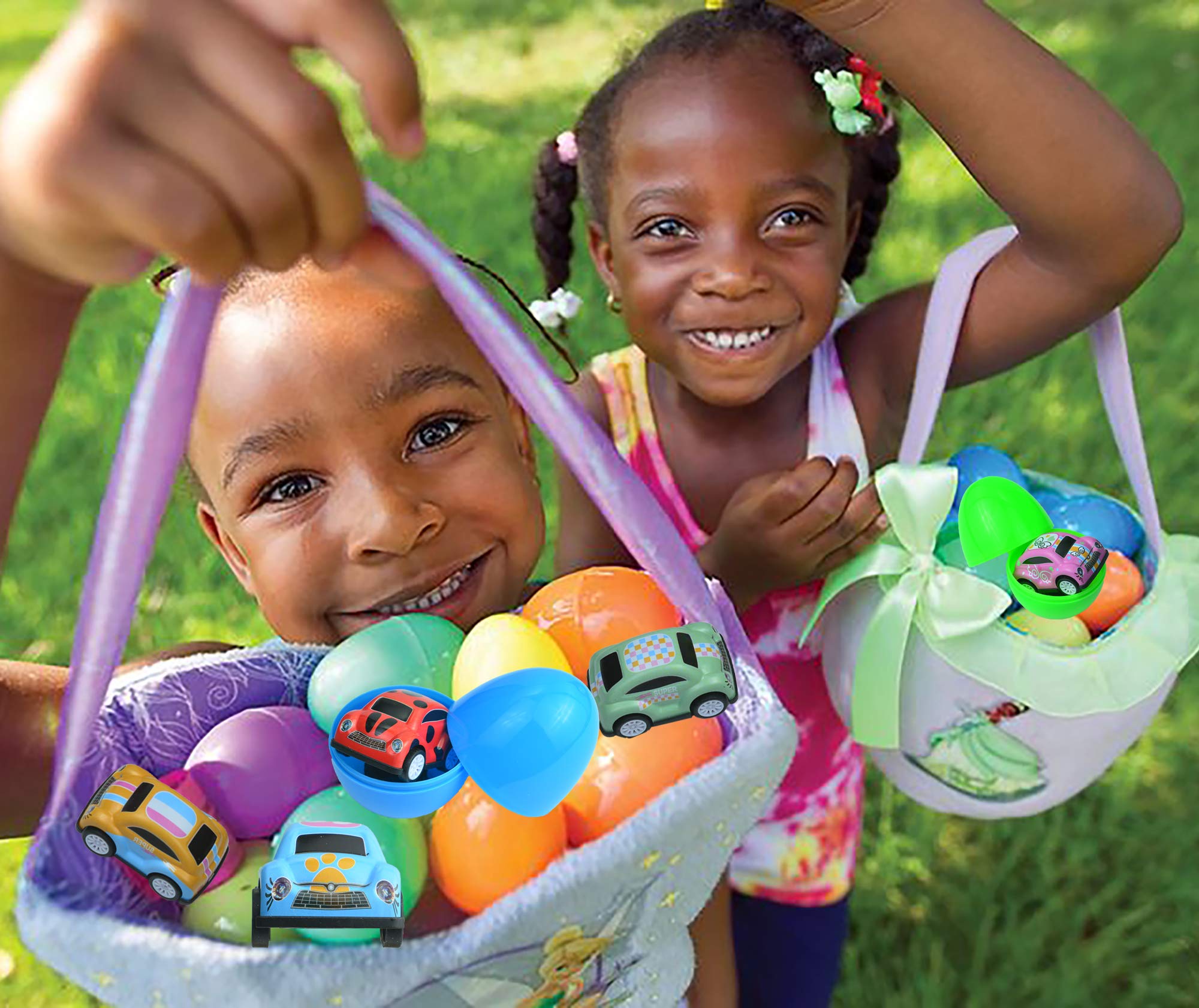 YIMIPHER 12 Filled Easter Eggs with Pull Back Cars, Toy Prefilled Plastic Easter Egg for Kids, Easter Hunt Party Favors Basket Stuffers, Easter Goodie Bags Fillers